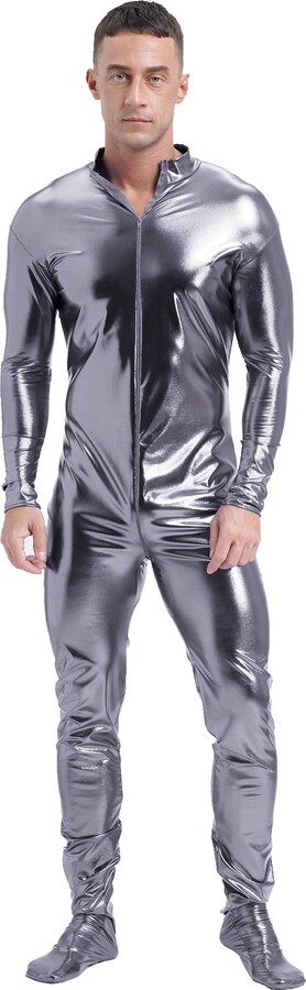 Runhomal Men's Shiny Metallic Full Body Bodysuit Mock Neck Long Sleeve ...