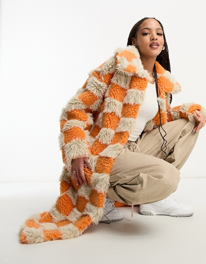 Monki teddy coat in checkerboard orange and beige - ShopStyle Plus Size ...