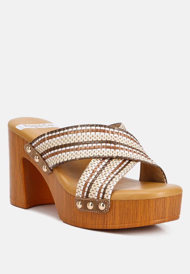 Rag & Co FInley Raffia High Block Heel Clogs In Tan - ShopStyle