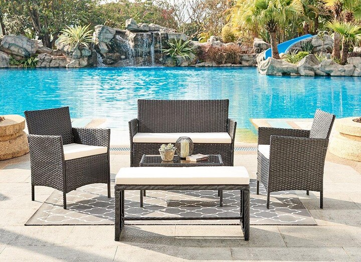 Home Detail Maya Rattan Garden 5pc Furniture Set with Bench and Coffee ...