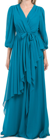 Three-quarter Sleeve Chiffon Wrap Gown With Ruffle Detail for Women ...