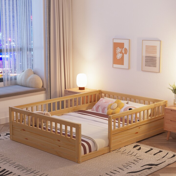 Simplie Fun Full Floor Bed Frame with Fence, Wood Kids Floor Beds Frame ...