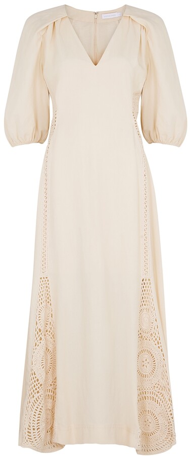 Jonathan Simkhai Ivory crochet-trimmed woven midi dress - ShopStyle