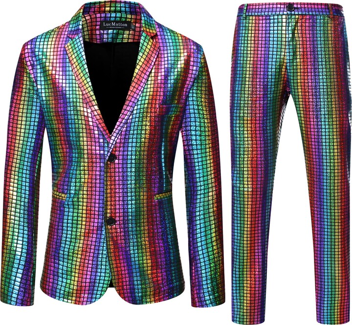 LucMatton Men's 2 Piece 70s Disco Outfits Metallic Shiny Sequin Suits ...