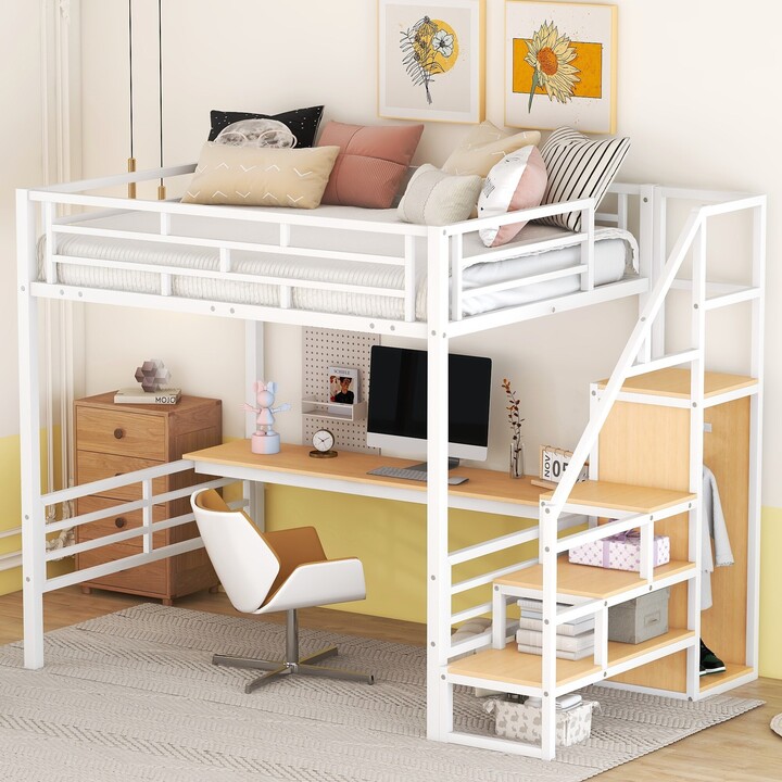 Aoolive Full Size Metal Loft Bed with Desk, Storage Staircase and Small ...