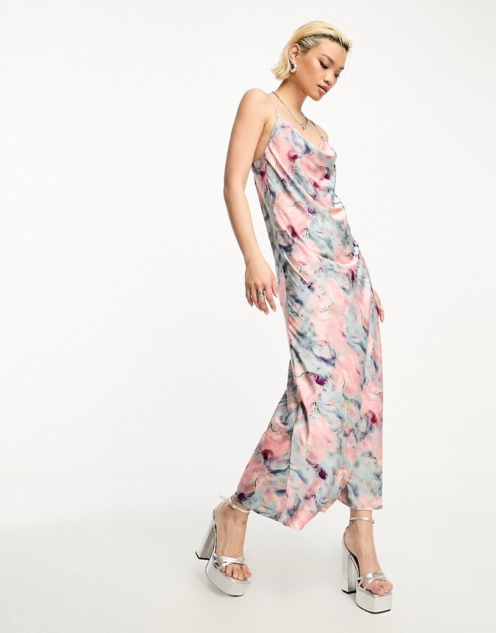 Object satin slip midi dress in blurred pink watercolor print - ShopStyle