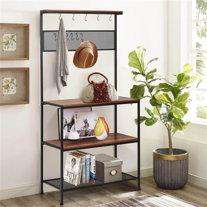 TONWIN 4-Tier Brown Kitchen Rack Stand with Hooks and Mesh Panel ...