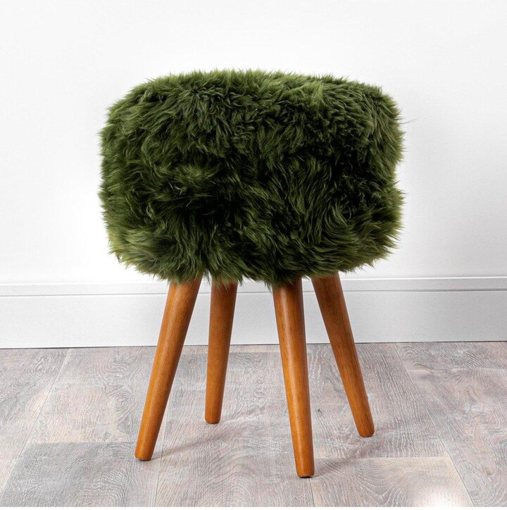 Native Natural Olive Green Sheepskin Wood Stool - Woodstain - ShopStyle