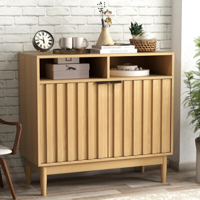 Ebern Designs Buffet Cabinet With Storage, Sideboard Cabinet With Fluted Door&Adjustable Shelves ...