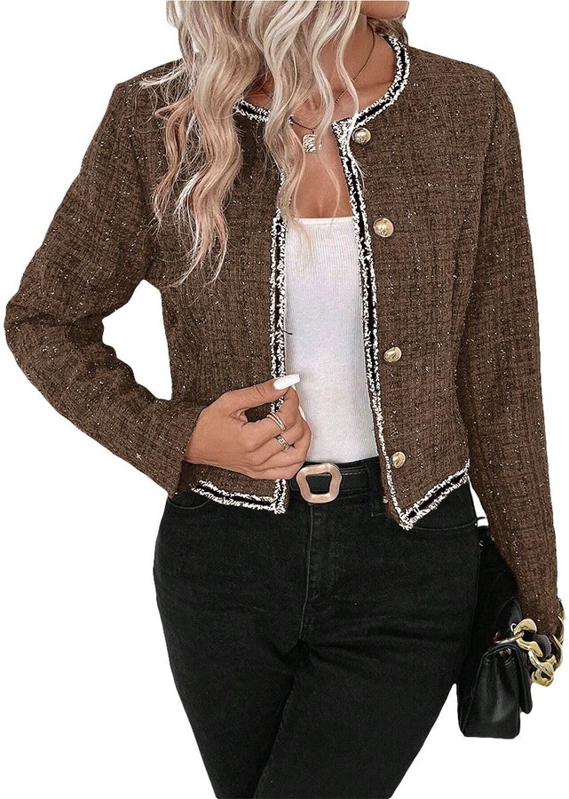 Mina Self Womens Tweed Cropped Blazer Long Sleeve Open Front Collarless ...
