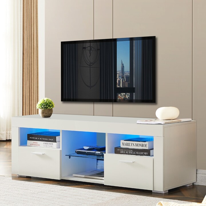 OFWOOD Morden TV Stand with 16 RGB LED Light, 4 Light Mode & Brightness ...