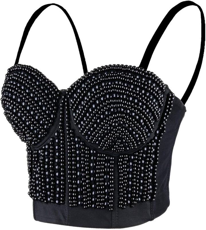 ELLACCI Woment's Pearls Beaded Bustier Crop Top Club Party Sexy Corset Top Bra Black - Black - X ...