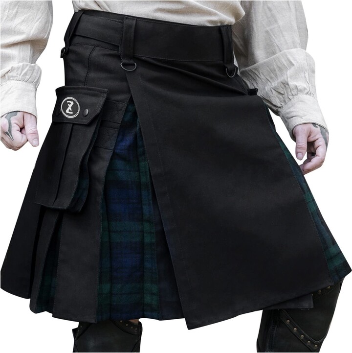 QIFLY Vintage Scottish Skirt Kilt Men's Wedding Utility Kilts Skirts with Cargo Pockets Cotton ...
