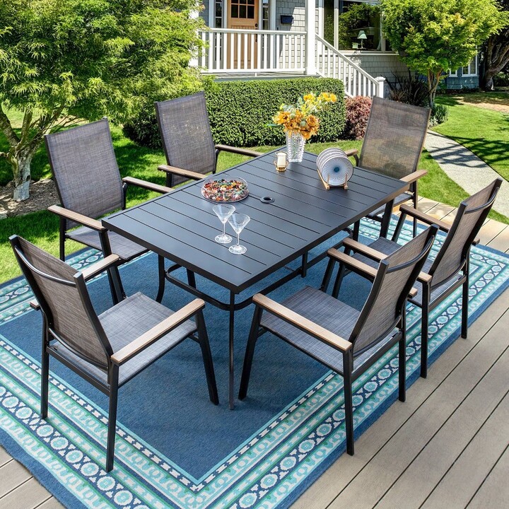 7pc Patio Dining Set with Rectangle Table with 2.6" Umbrella Hole & Aluminum Arm Chairs ...