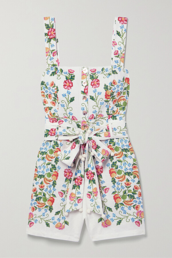 Farm Rio Belted Shirred Floral-print Linen-blend Playsuit - Multi ...