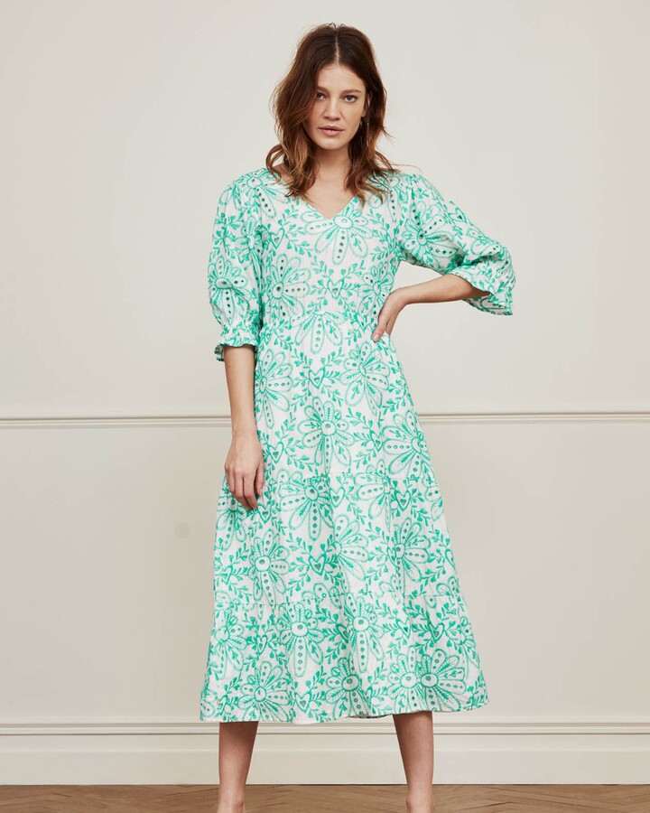 Fabienne Chapot Jolene White and Peppermint Green Embroidered Midi ...