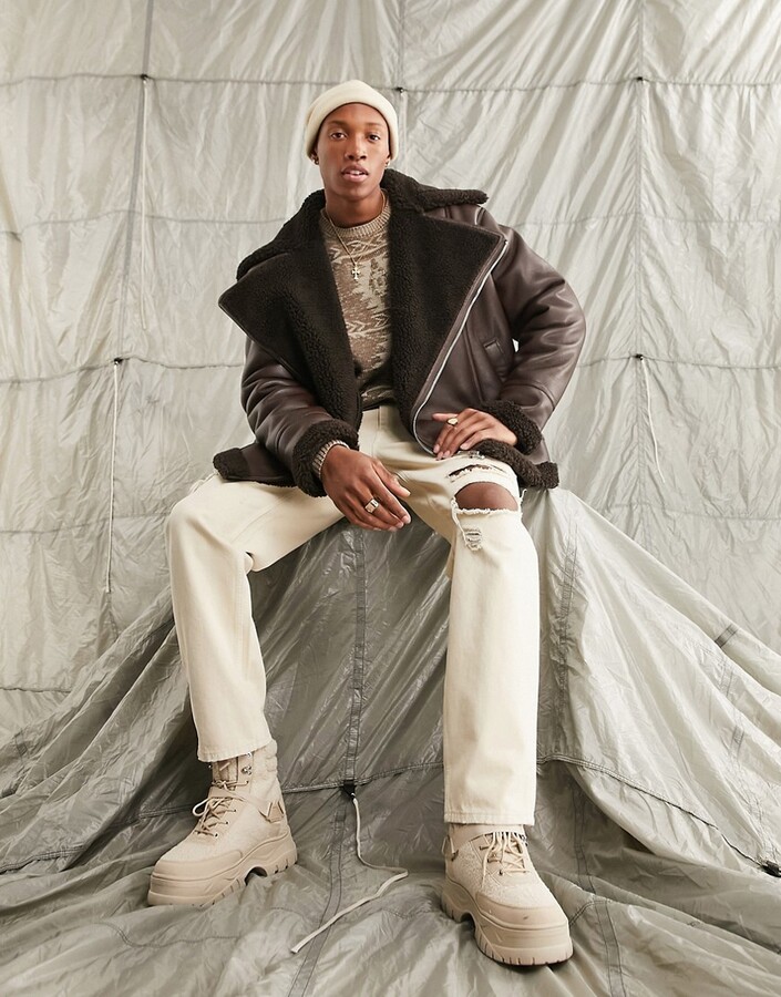 ASOS DESIGN faux leather aviator jacket in brown - ShopStyle