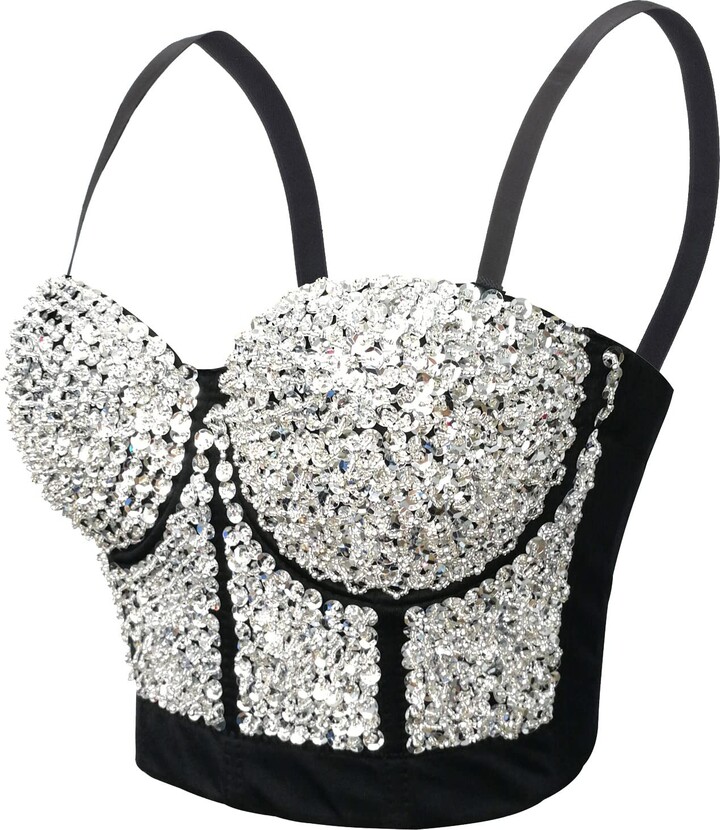 Woboren Women's Sequin Beaded Bustier Crop Top Push up Club Party Corset Top Detachable Straps ...