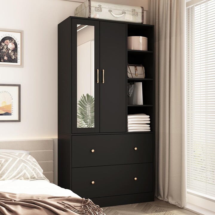 EPOWP Wardrobe Armoire Closet with Mirror, 2 Door Wardrobe Cabinet with ...