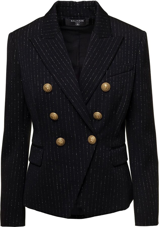 Balmain Black Double-Breasted Jacket with Lurex Details and Jewel ...