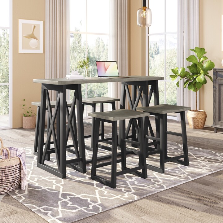 GREATPLANINC Rustic 5-Piece Height Dining Sets with 4 Stools and Table ...