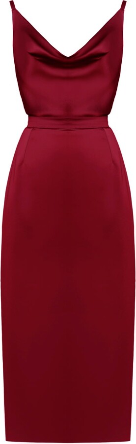 Undress Women's Kamea Deep Red Satin Draped Front Open Back Midi Dress ...
