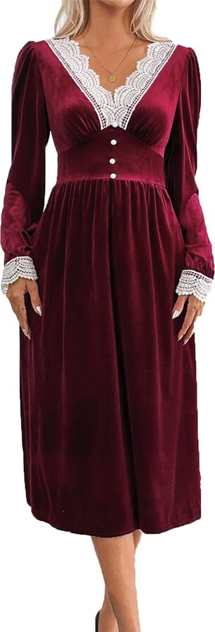 VIVICOLOR Women Fall Winter Midi Velvet Party Dress Long Sleeve A Line ...