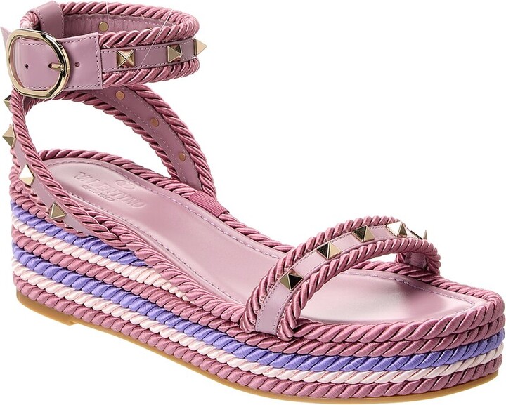 Valentino Rockstud 45 Rope & Leather Wedge Sandal - ShopStyle