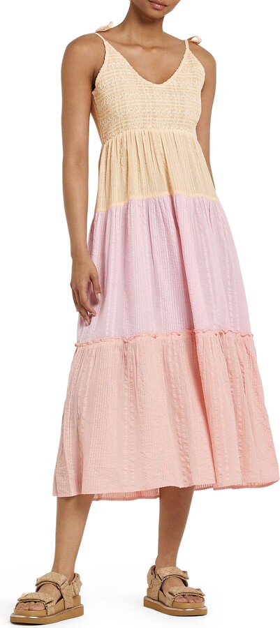 River Island Colorblock Smocked Tiered Cotton Midi Dress - ShopStyle