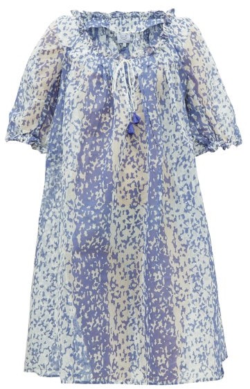 Thierry Colson Eva Drawcord-neckline Printed Cotton-blend Dress - Blue ...