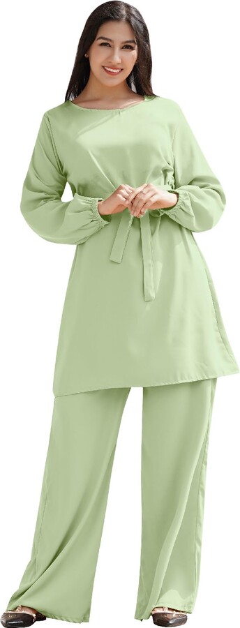 IBTOM CASTLEWomen Muslim Abaya Outfit Long Sleeve Dubai Robe Top + Wide ...