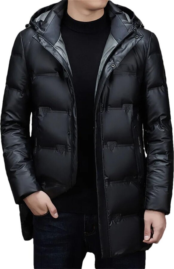 Pegsmio Men's Leather Down Jacket Mid Length Detachable Hooded Jacket ...