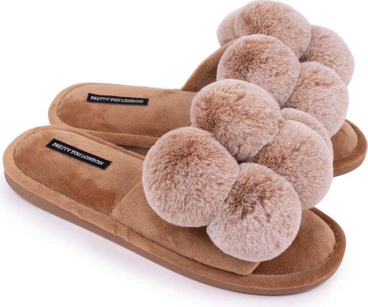 Pretty You - Dolly Fun Pom Slider Slippers In Caramel - ShopStyle
