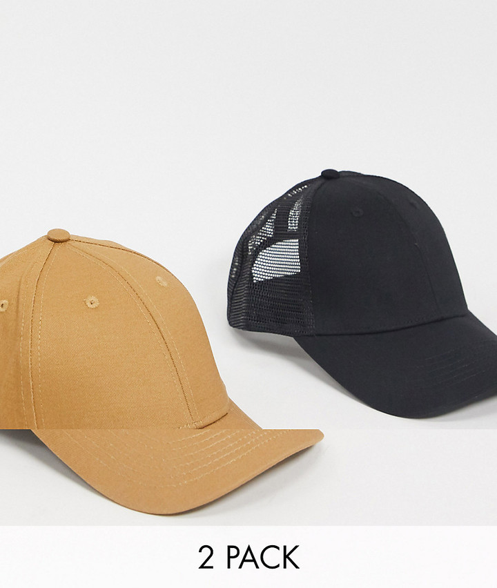 ASOS DESIGN 2 pack trucker cap in black and camel SAVE - ShopStyle Hats
