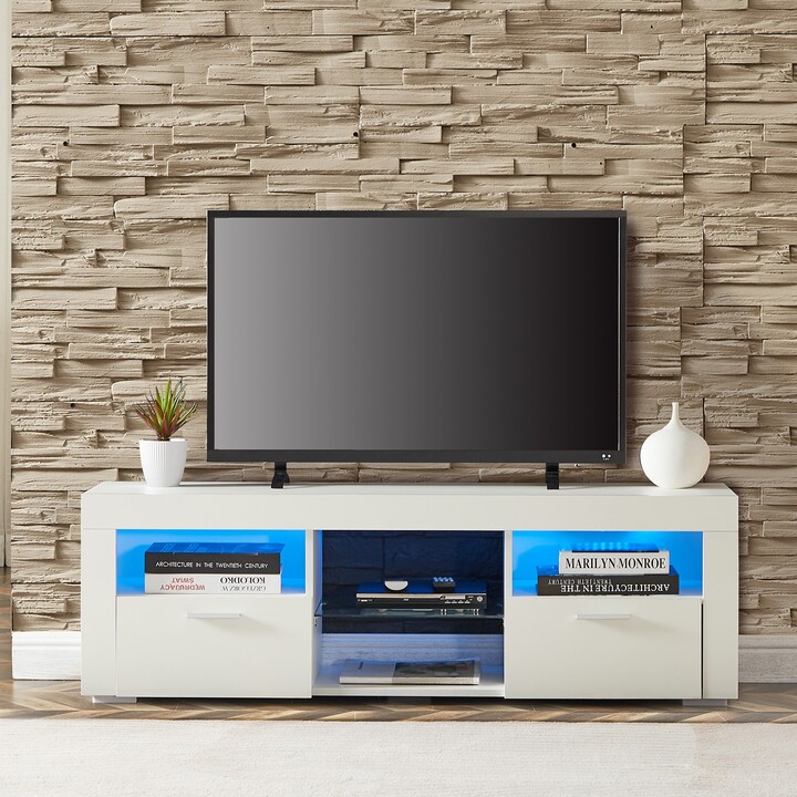 NINEDIN White High Gloss Entertainment Center LED Lights TV Console ...