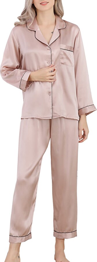DISSA Women Beige Plain 100% Silk Pajama Set Top and Capri Pants ...