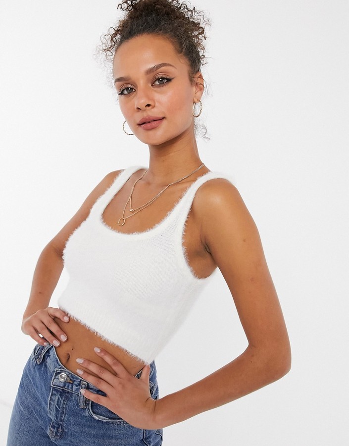 Stradivarius fluffy knit crop top in ecru - ShopStyle