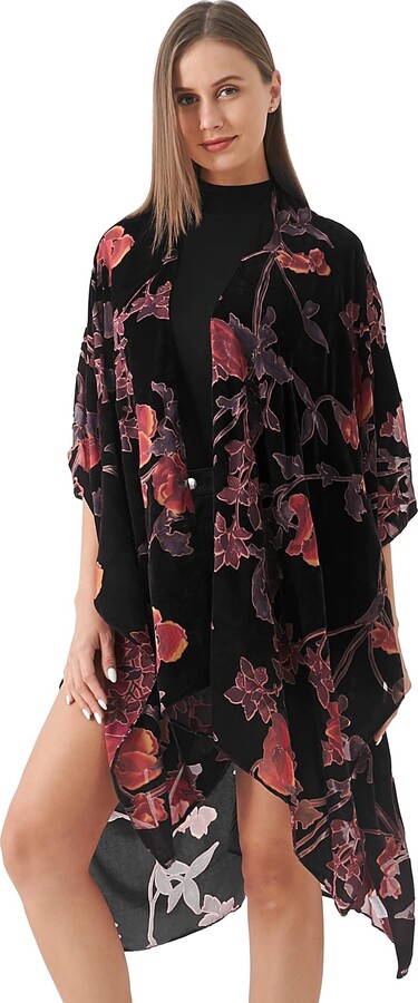 MJ SERECA Women's Burnout Velvet Kimono Long Cardigan Cover Up Without ...