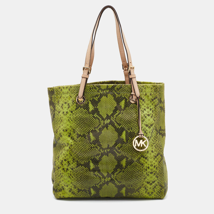 MICHAEL Michael Kors Green/Beige Python Embossed Leather North South ...