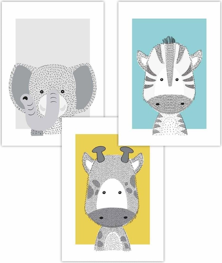 ARTZE Set of 3 Nursery Scandi Sketch Animals with Elephant in Blue ...