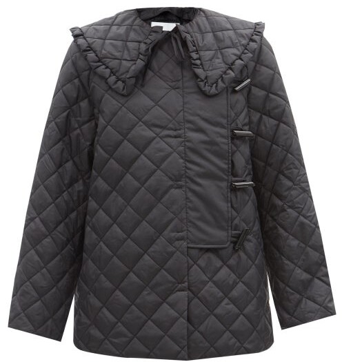 Ganni Ruffled-collar Quilted Recycled-fibre Ripstop Coat - Black ...