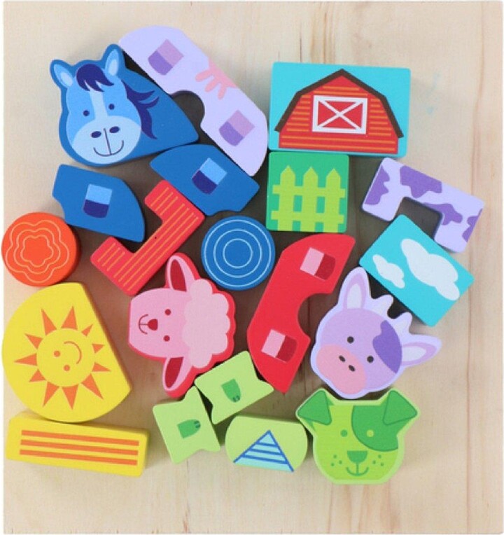 UMKYTOYS Wooden Blocks with Farm Animal Designs, Building Blocks for ...