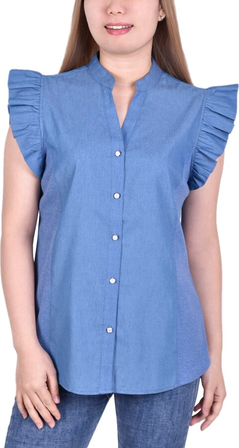 NY Collection Petite Ruffle Flange Chambray Blouse - ShopStyle Tops