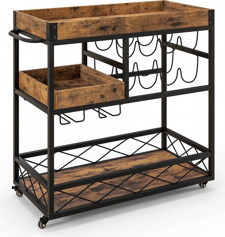 3-Tier Mobile Bar Serving Cart Liquor Storage Trolley with Wine Rack ...
