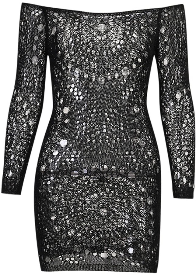 FUNWAVE Women's Fishnet Crochet Dress Cover Up Sexy Mesh See Through ...