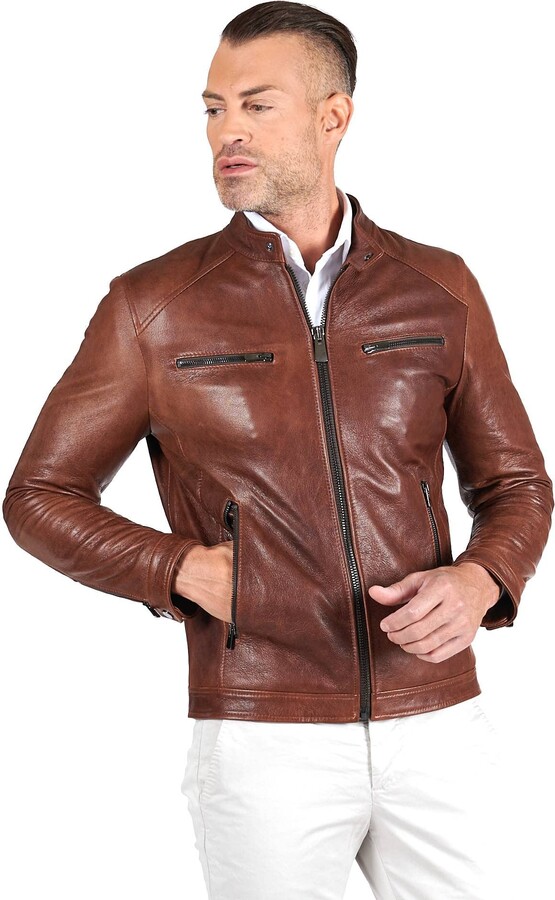 D'Arienzo Mens Italian Tan Cognac Genuine Leather Jacket Vintage Biker ...