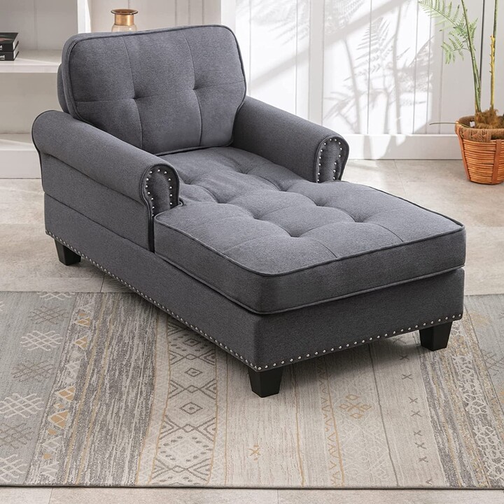 Mixoy Tufted Linen Chaise Lounge Chair with Armrests, Modern Mid ...