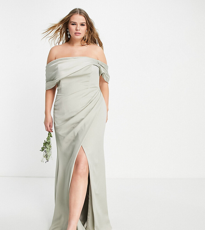 ASOS EDITION Curve satin bardot drape wrap maxi dress in sage green ...