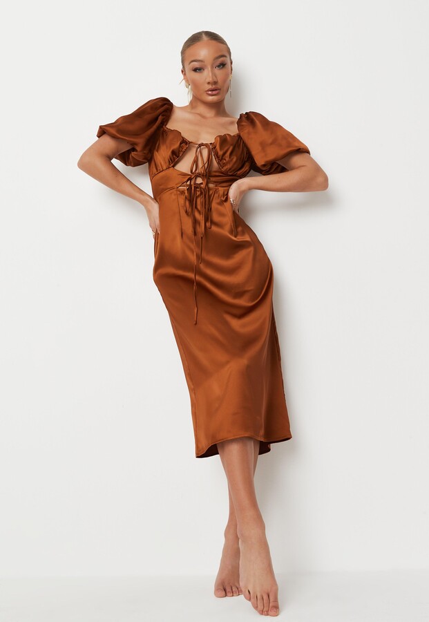 Missguided Rust Satin Tie Front Puff Sleeve Midi Dress - ShopStyle