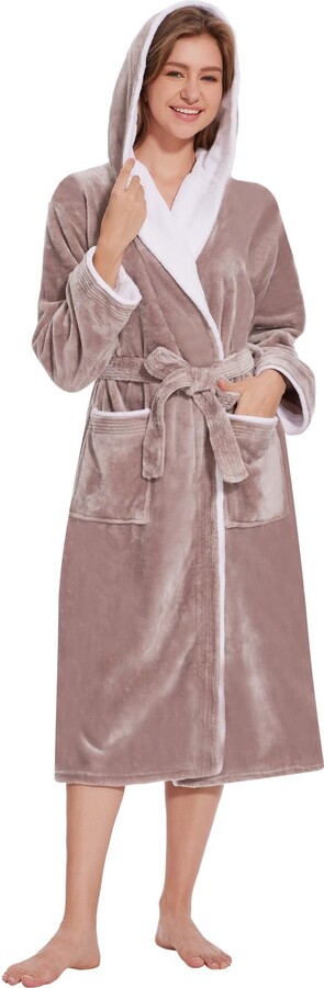 Ymmchy Fleece Dressing Gown Women Hooded Bath Robe Soft Fluffy Dressing ...